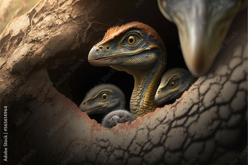 a group of birds sitting inside of a cave in a tree trunk with a baby ...