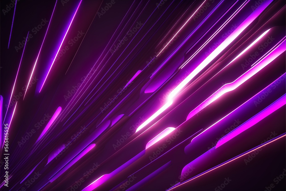 Abstract purple neon background with rays and lines, light movement ...