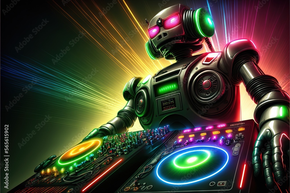 Ilustração do Stock: a robot dj mixing music on a turntable with neon ...