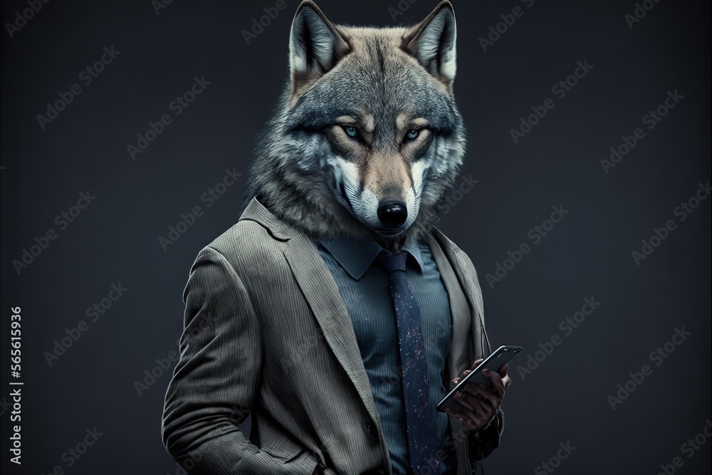 a wolf in a suit and tie holding a cell phone in his hand and looking ...