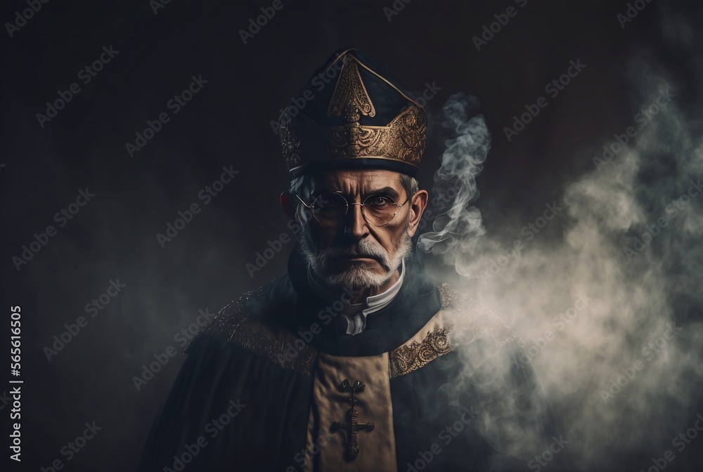 Serious catholic priest standing on black background with smoke. AI ...