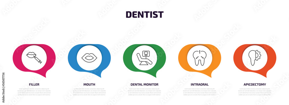 dentist infographic element with outline icons and 5 step or option ...
