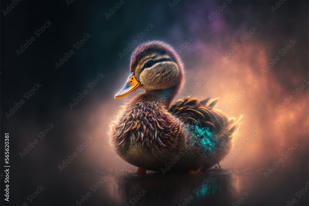 a duck with a glowing beak sitting on a surface with a dark background ...