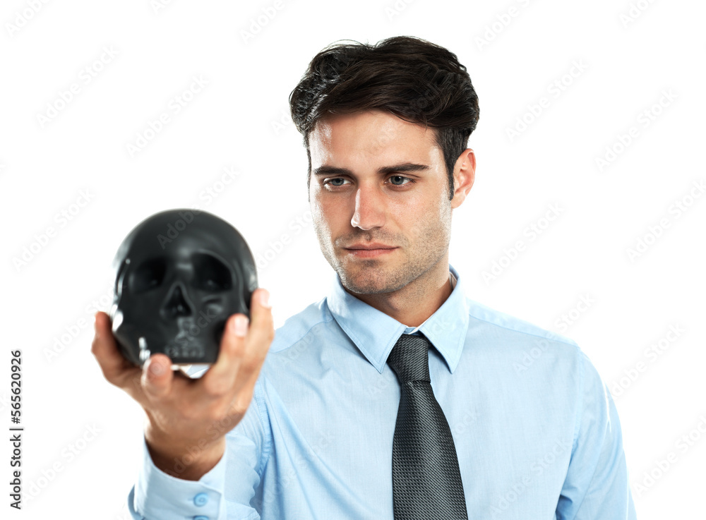 Businessman, black skull in hand in studio for death, symbol and ...