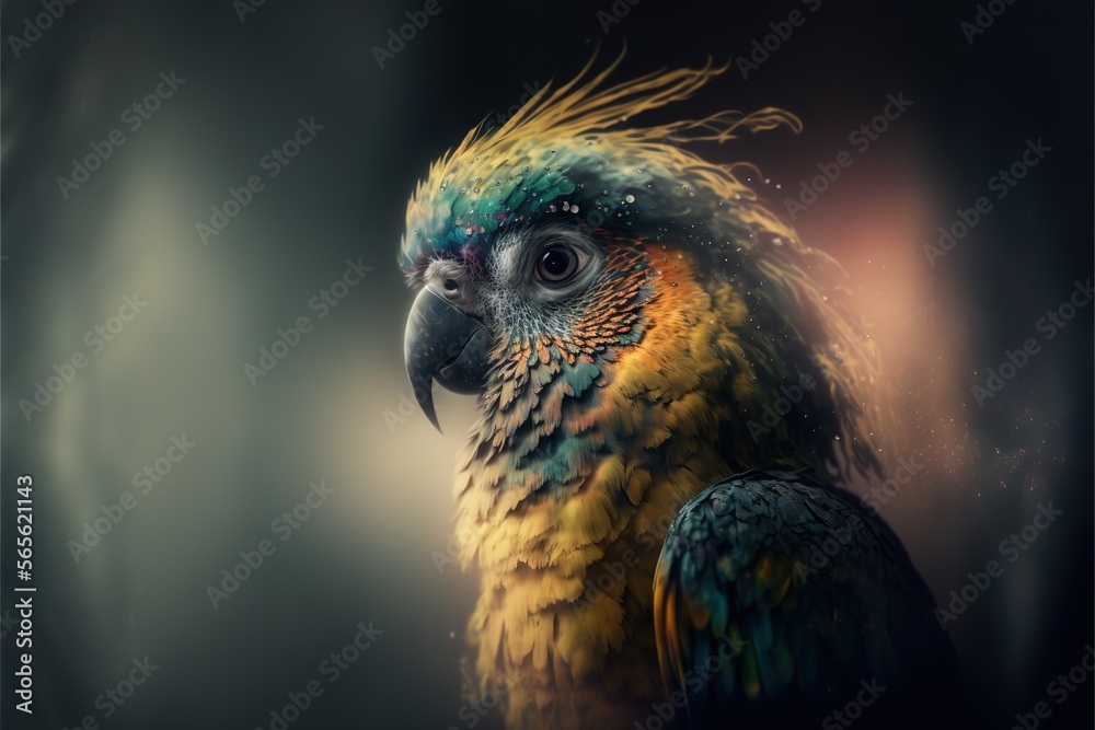 a colorful bird with a black background and a blurry background is ...
