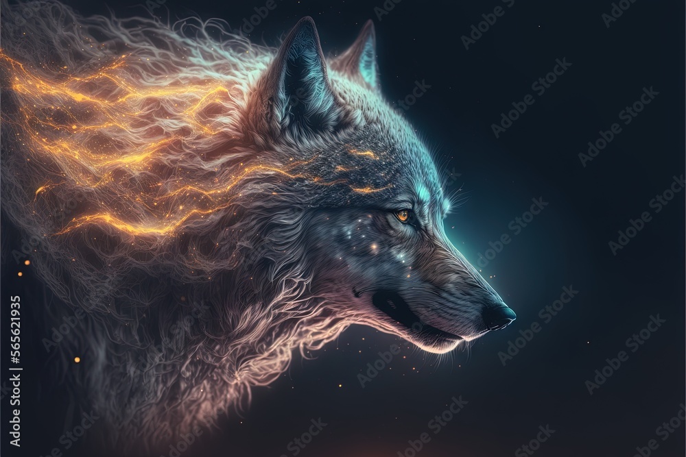 a wolf with a glowing mane and yellow eyes is shown in this artistic ...