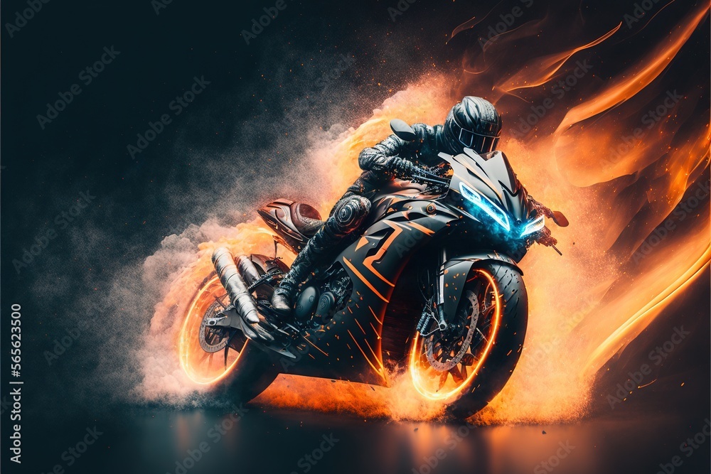 a man riding a motorcycle on a fire filled road with flames behind him ...