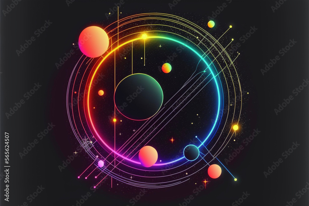 Neon rainbow vector portal to outer space with moons stars planets and ...