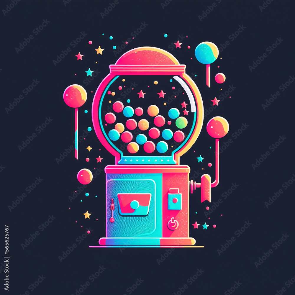 Colorful neon gumball machine with celestial outer space elements on ...