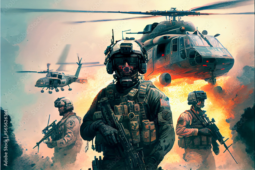 Special unit force soldiers in the battlefield with helicopters and ...