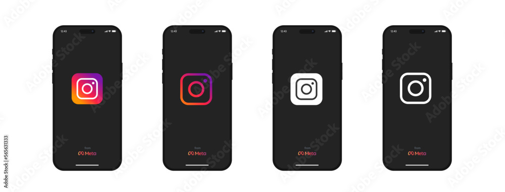 Home screen of Instagram logo set. Dark theme app welcome screen on ...