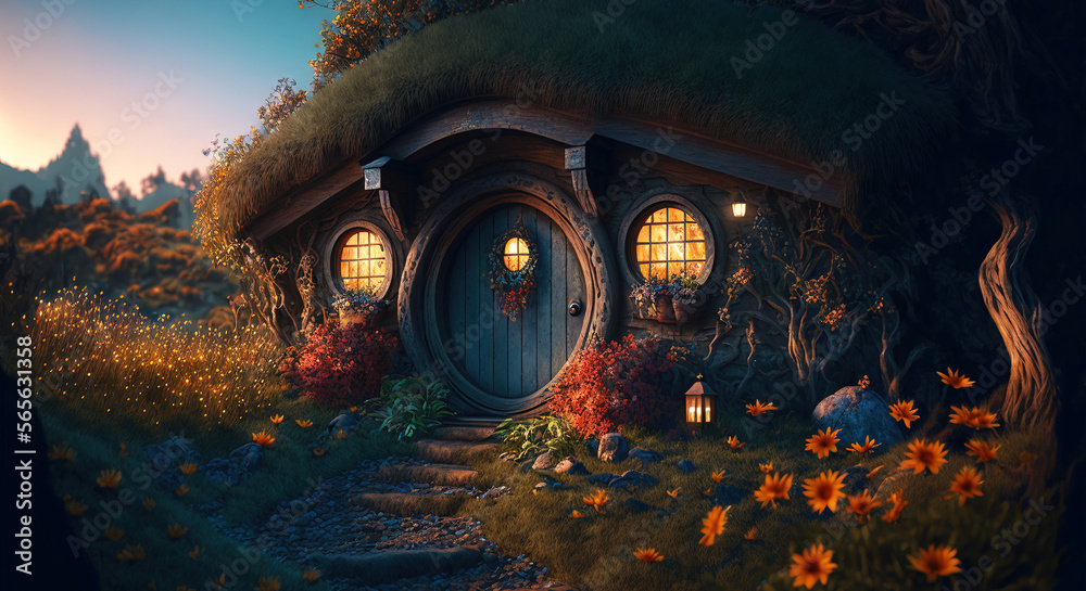 dwarf tiny house in nature - Generative AI Stock Illustration | Adobe Stock