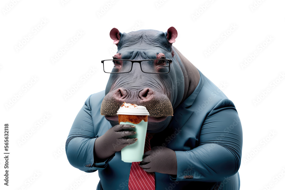 Fat hippo eating and wearing tight business clothes on a white ...