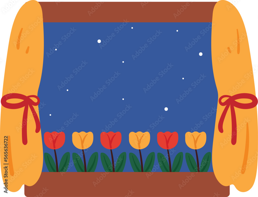 cute hand drawing cartoon window with yellow curtain, tulip flower, and ...