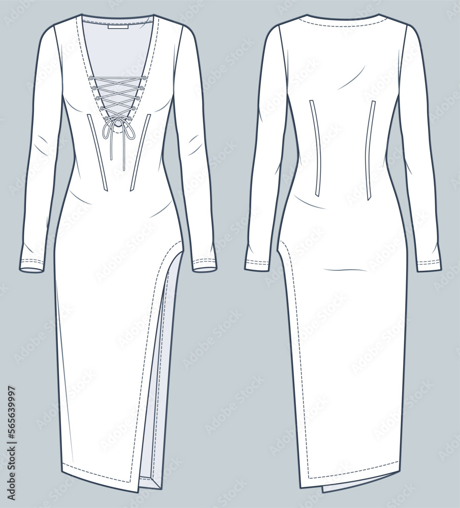 Womens Long sleeve Dress technical fashion illustration. Lace-up midi ...