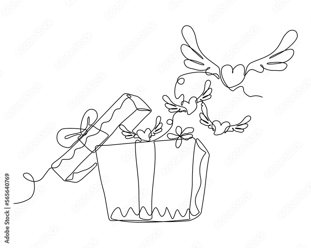 Continuous Line Drawing Open Gift Box With Fly Hearts Stock Vector ...