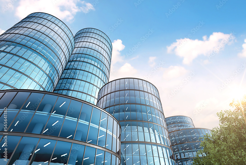 Modern style hi rise blue glass building exterior with sunny blue sky ...