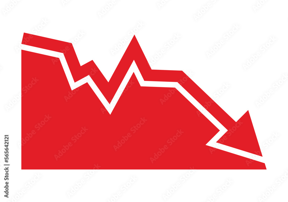Red arrow going down stock icon on white background. Decrease, Bankruptcy, financial market ...