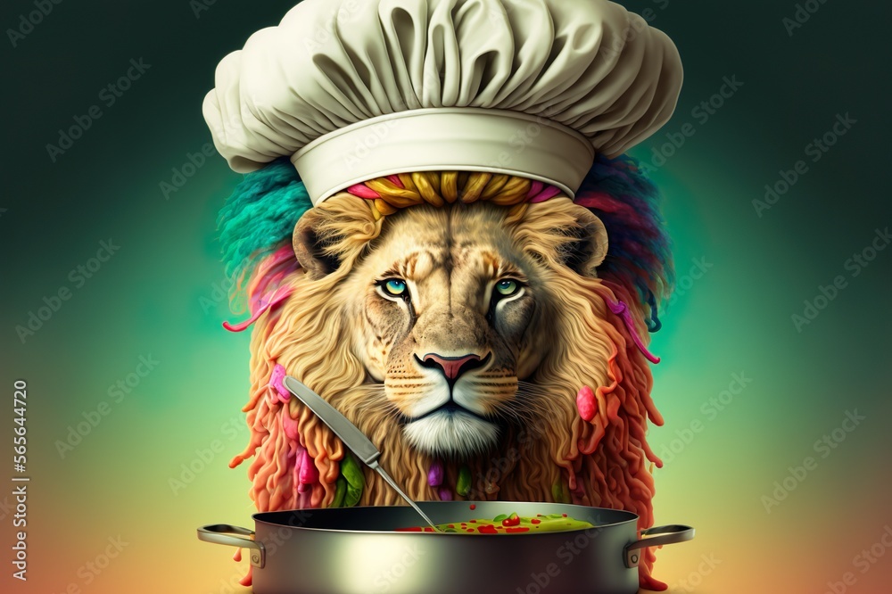 Illustration of a lion wearing chef's hat with cooking pan on colorful ...