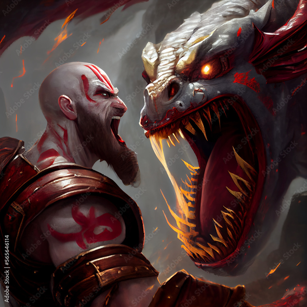 god of war kratos fighting with a dragon.generative AI technology ...