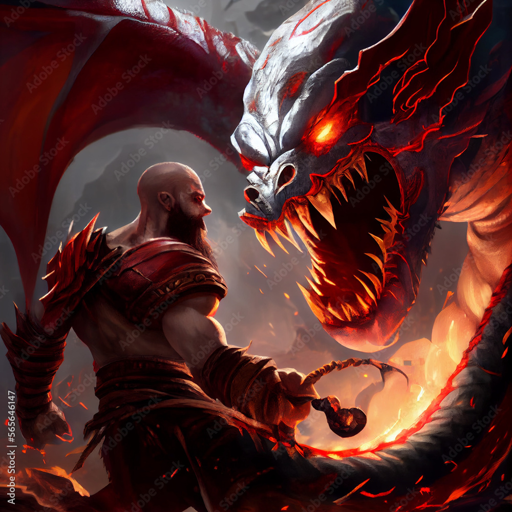 god of war kratos fighting with a dragon.generative AI technology Stock ...