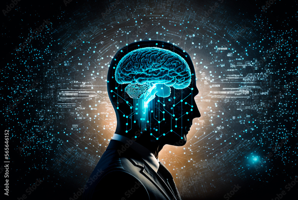 Business man looking at smart computer in modern office with virtual ...