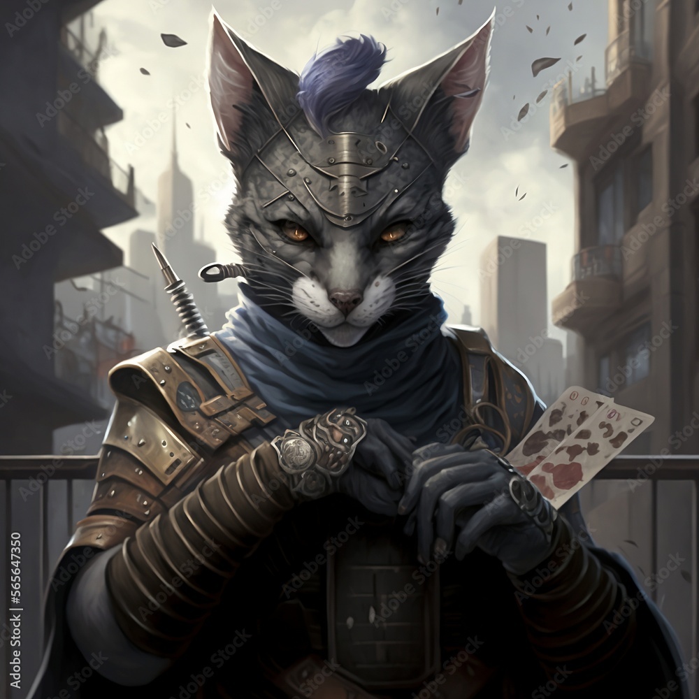 character portrait of a black and grey Tabaxi rogue in menacing ...