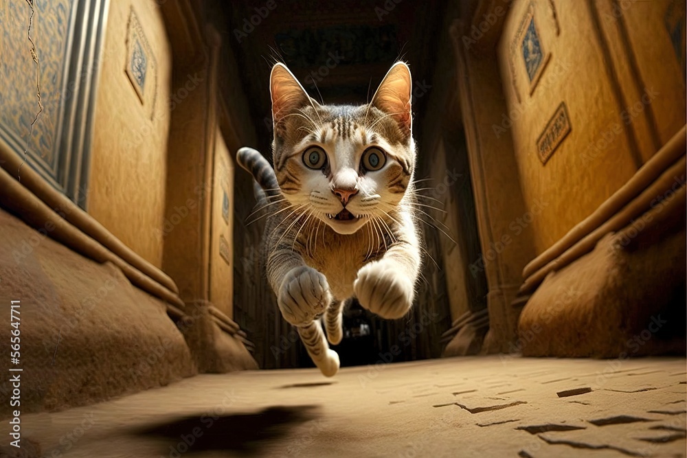 cat archaeologist with hat and whip escaping from danger illustration ...