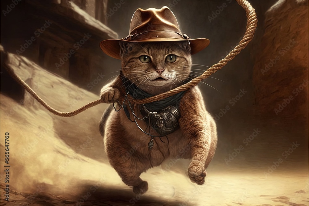 cat archaeologist with hat and whip escaping from danger illustration ...