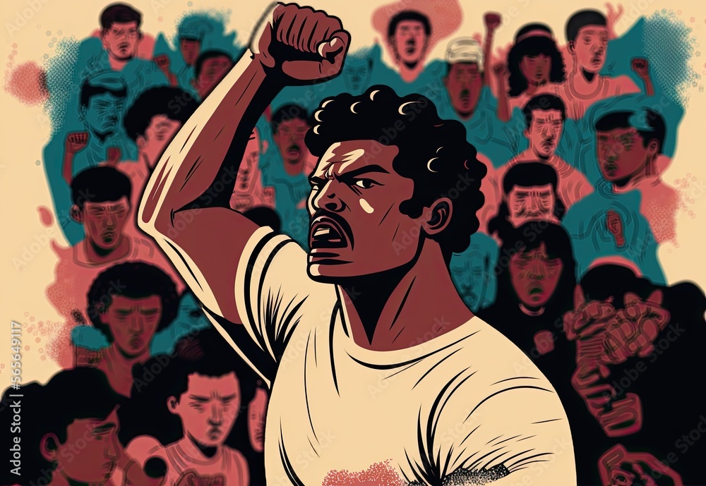 An illustration of a person of color with their fist raised, surrounded ...