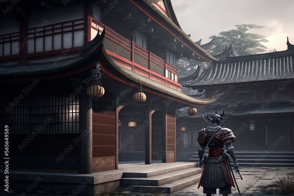 guy in samurai armor guarding Japanese architecture Generative AI Stock ...