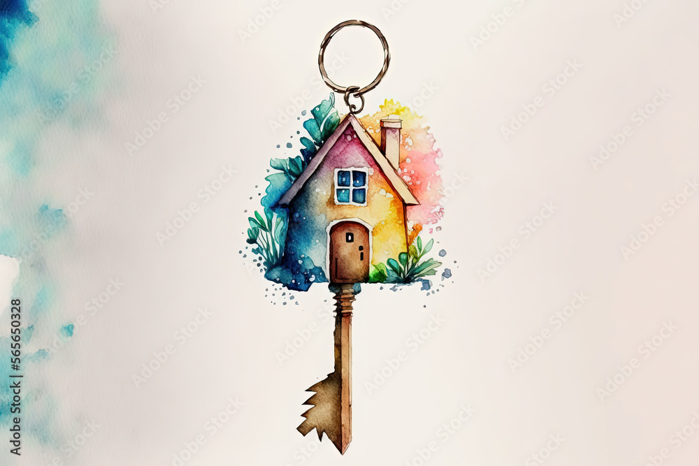 Congratulations with your new House - House Key Chain- Watercolor ...