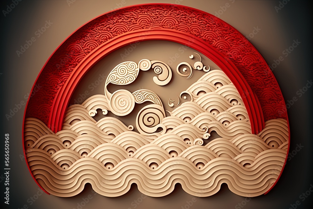 Traditional Japanese good luck symbols are arranged in a semicircle on ...