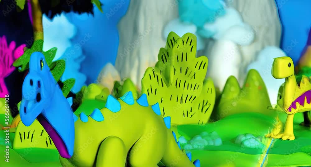 claymation park with dinosaurs and pretty green abstract landscape backdrop background clay ...