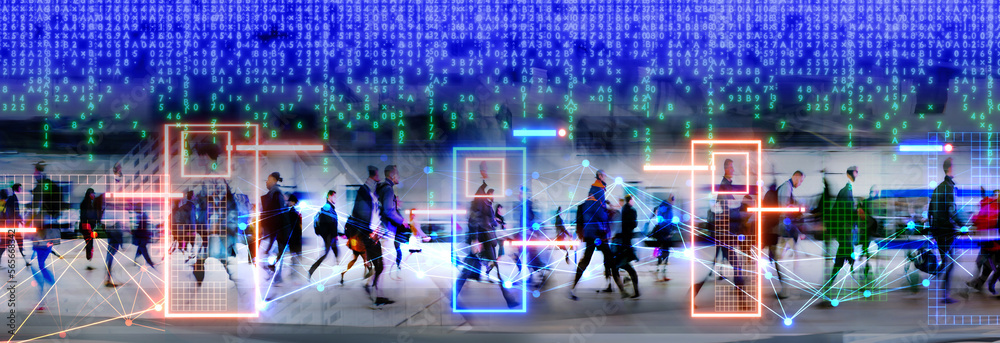 Walking business people are tracked with CCTV AI facial recognition ...