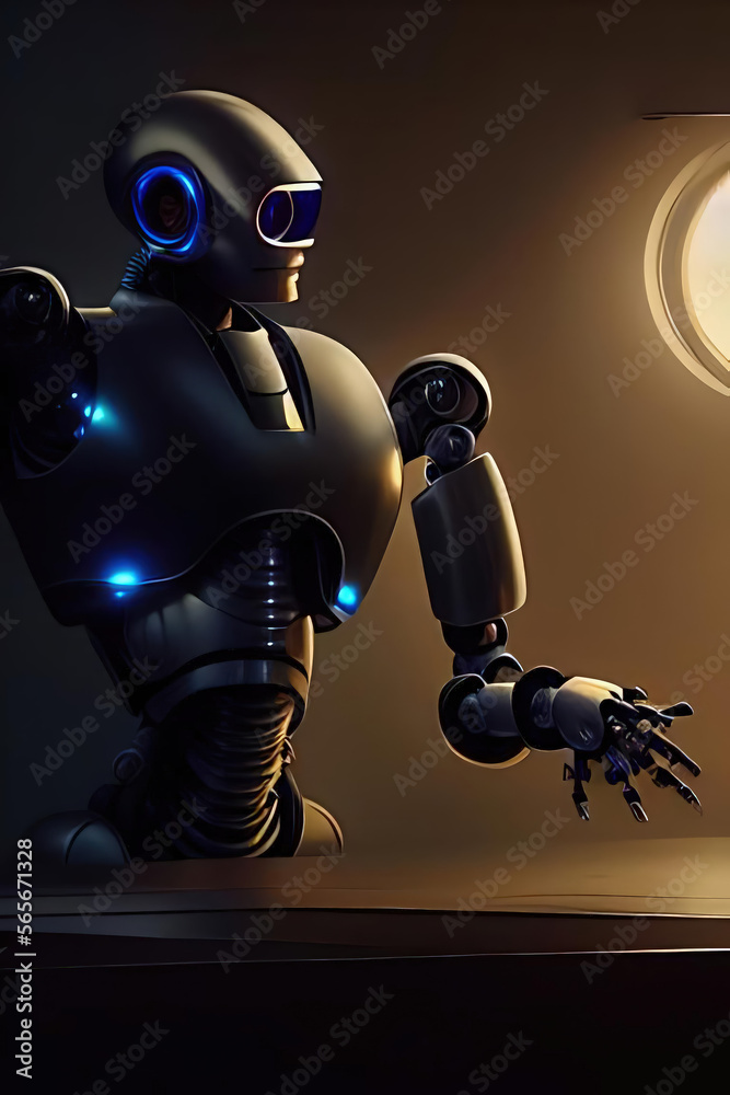 Realistic 3d rendering illustration of metallic robot with arm, hand ...