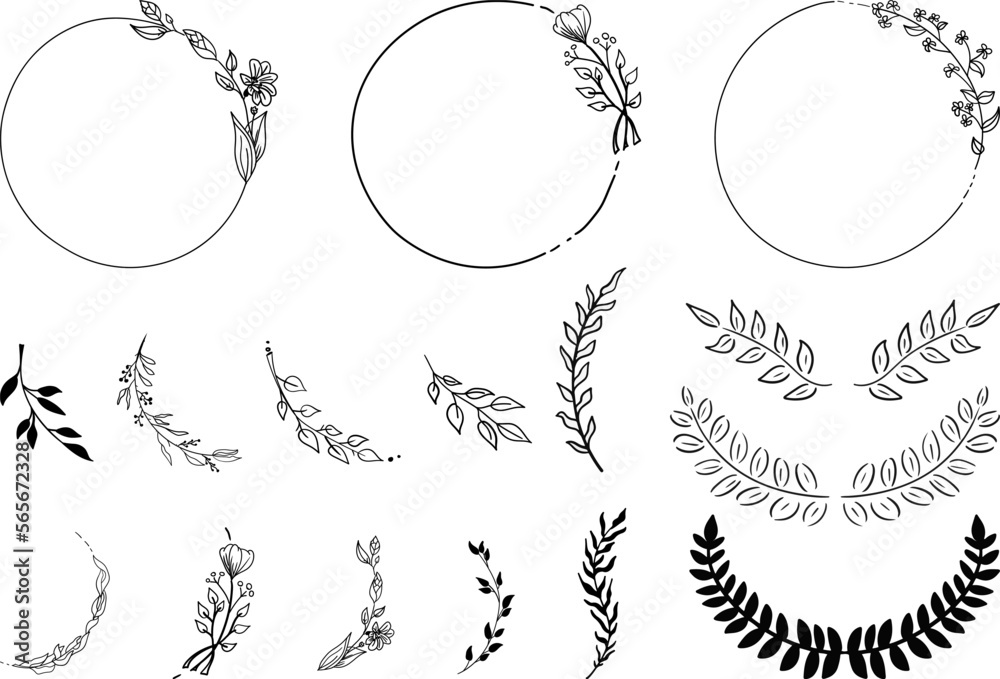 Set of hand drawn silhouette tree branches with laurel, oak and olive ...