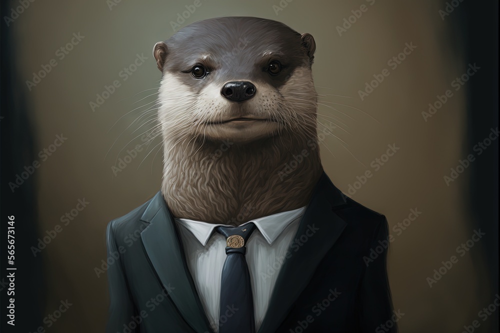 a painting of a otter wearing a suit and tie with a collared shirt and ...