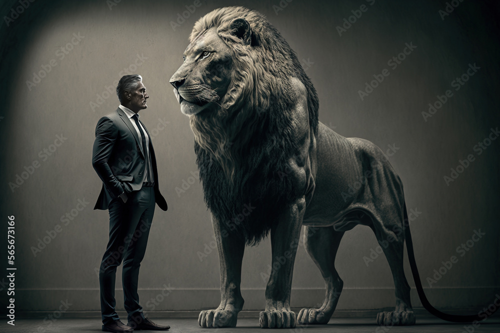 Confident businessman facing the lion Generative AI illustration Stock ...