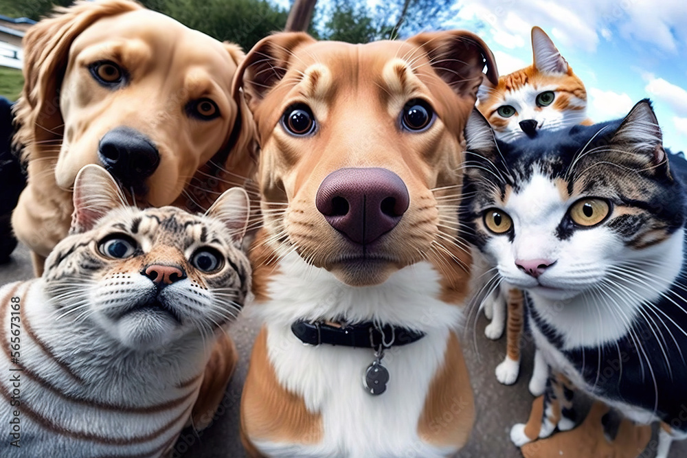 Gang of dogs and cats taking a selfie shot , Generative AI illustration ...