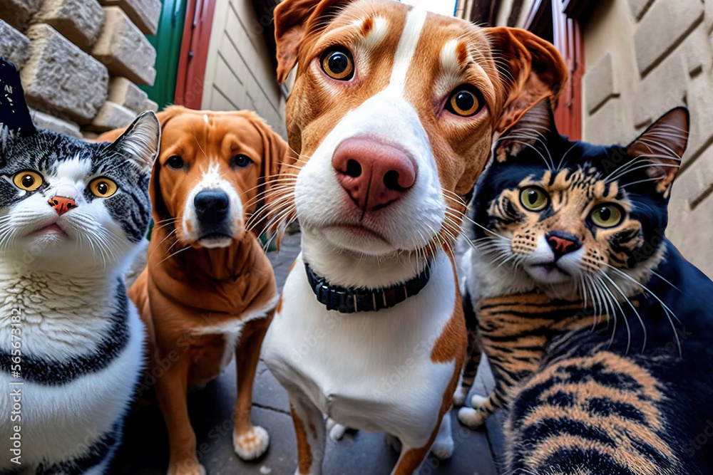 Gang of dogs and cats taking a selfie shot , Generative AI illustration ...