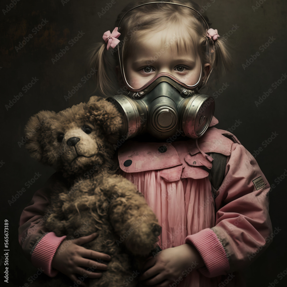 Little girl wearing gas mask. Generative AI illustration Stock ...