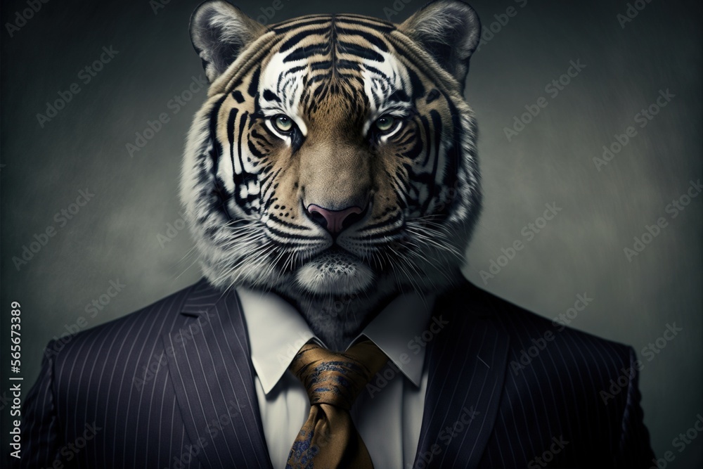 a tiger wearing a suit and tie with a suit jacket on it's chest and a ...