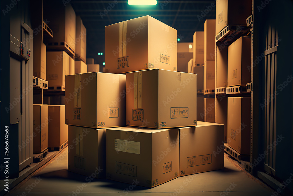 Carton boxes in warehouse for product storage and logistics Stock ...