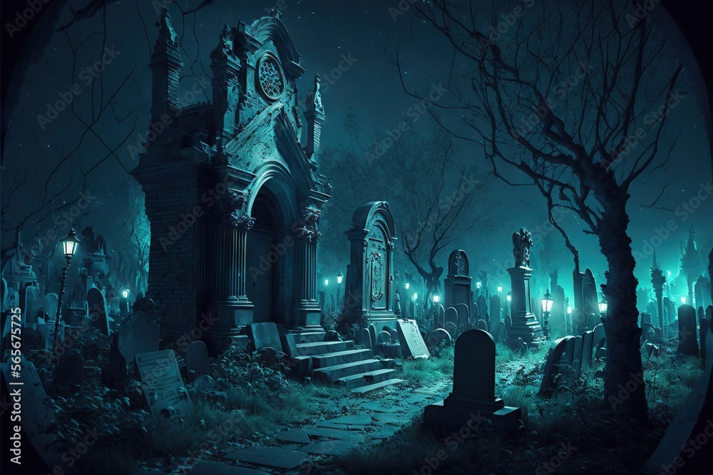 a cemetery with a clock tower and gravestones at night with a full moon ...