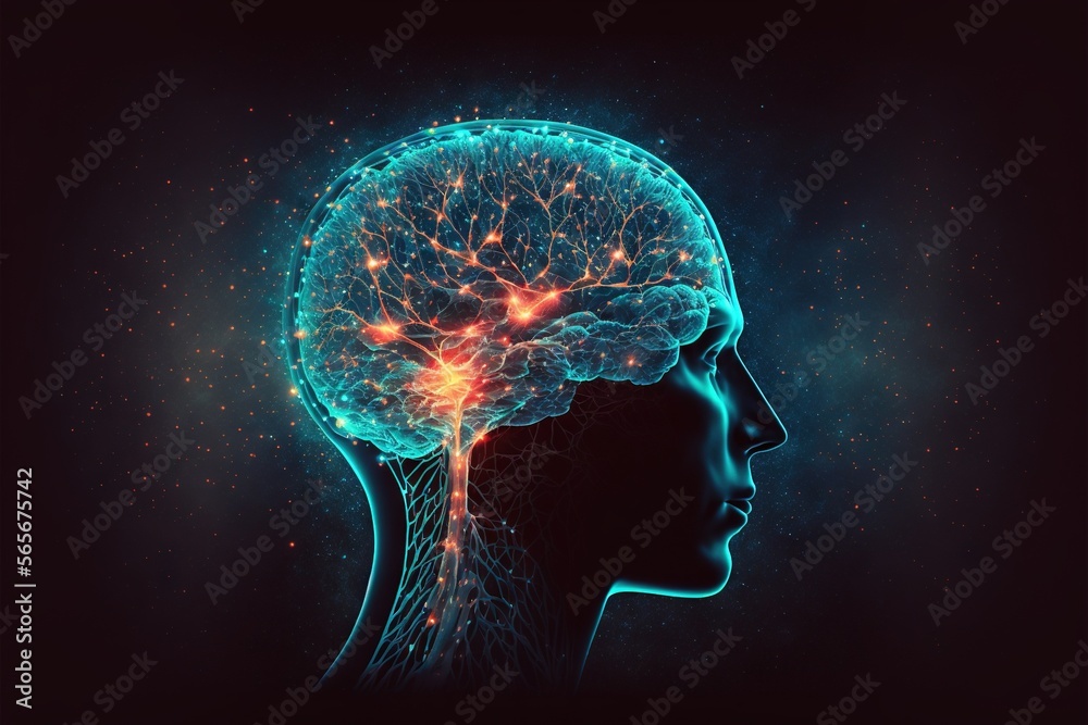 a human head with a glowing brain and a glowing brain map in the middle ...