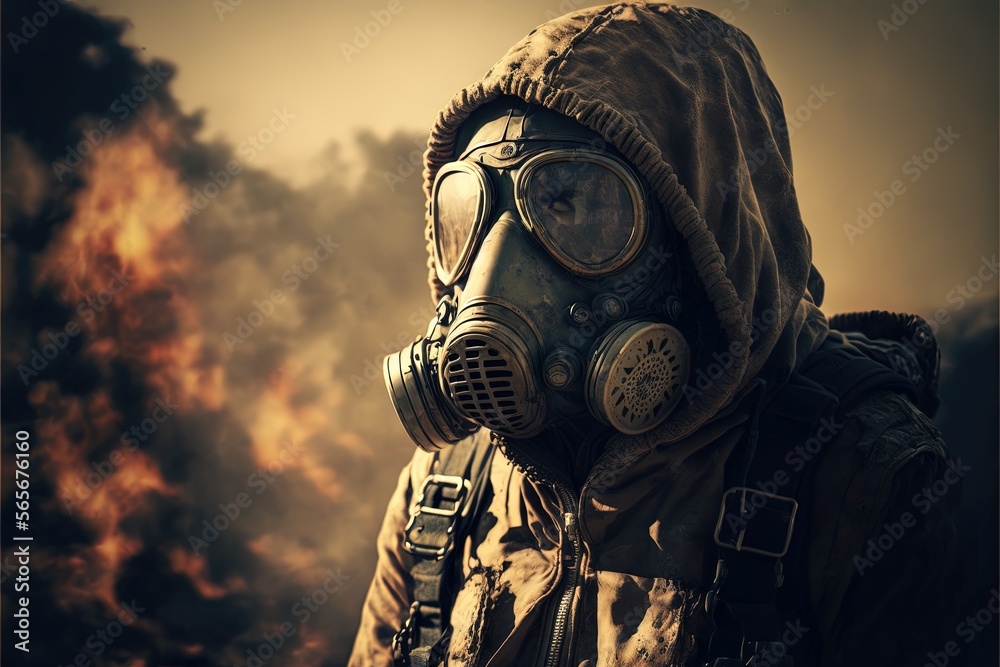 a man wearing a gas mask and a gas mask on his face in front of a fire ...