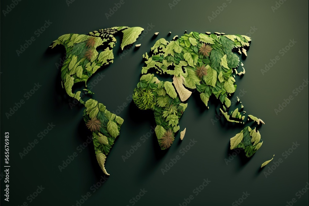 a green world map made of leaves on a black background with a green ...