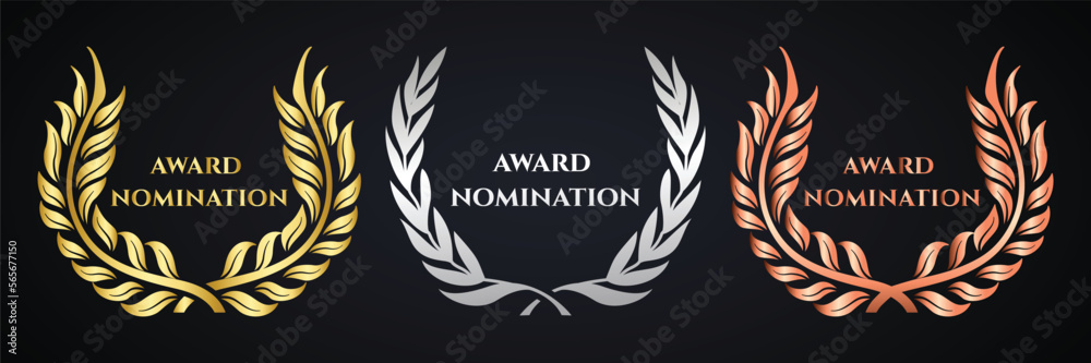 Golden, silver and bronze award signs with laurel wreath, award ...