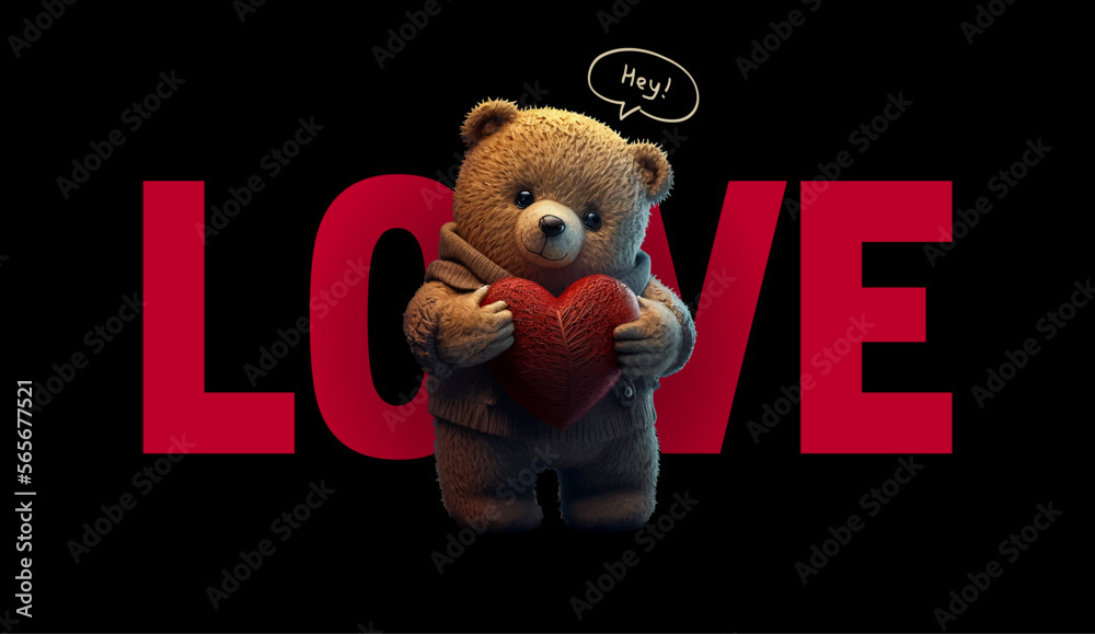 Teddy bear holding heart, love slogan on black background. Illustration ...